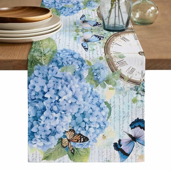 Blue Vintage Hydrangea Table Runner, Spring Rustic Clock Butterfly ...