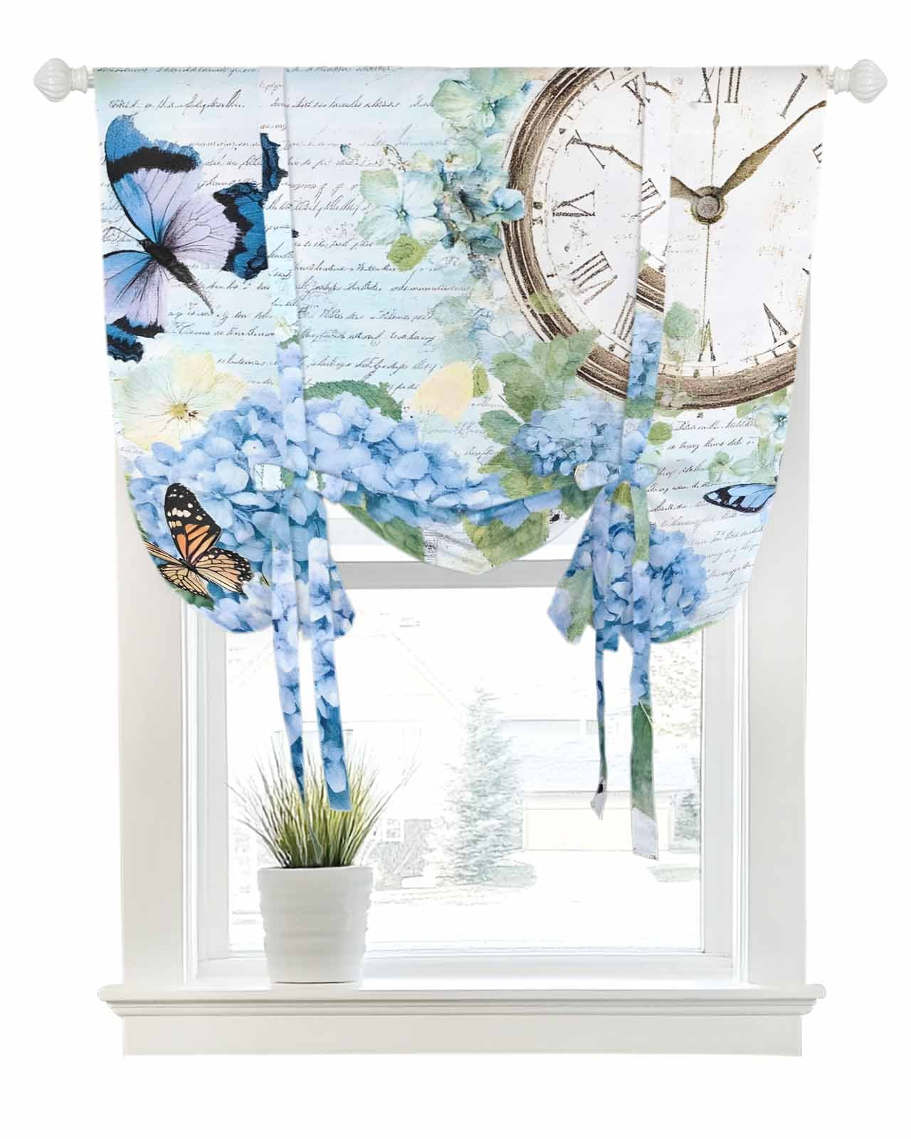 Blue Vintage Hydrangea Tie Up Curtains for Window, Thermal Insulated Balloon Shade Adjustable ...