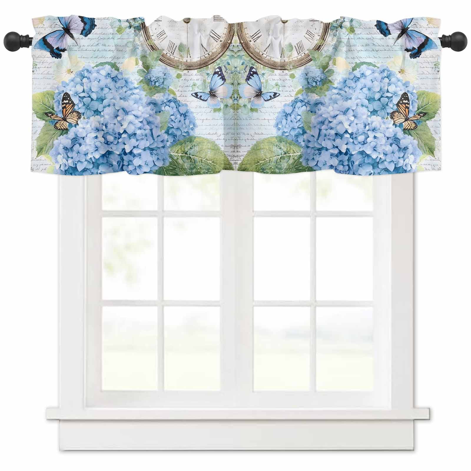 Blue Vintage Hydrangea Valances for Windows Farmhouse Kitchen Curtains ...