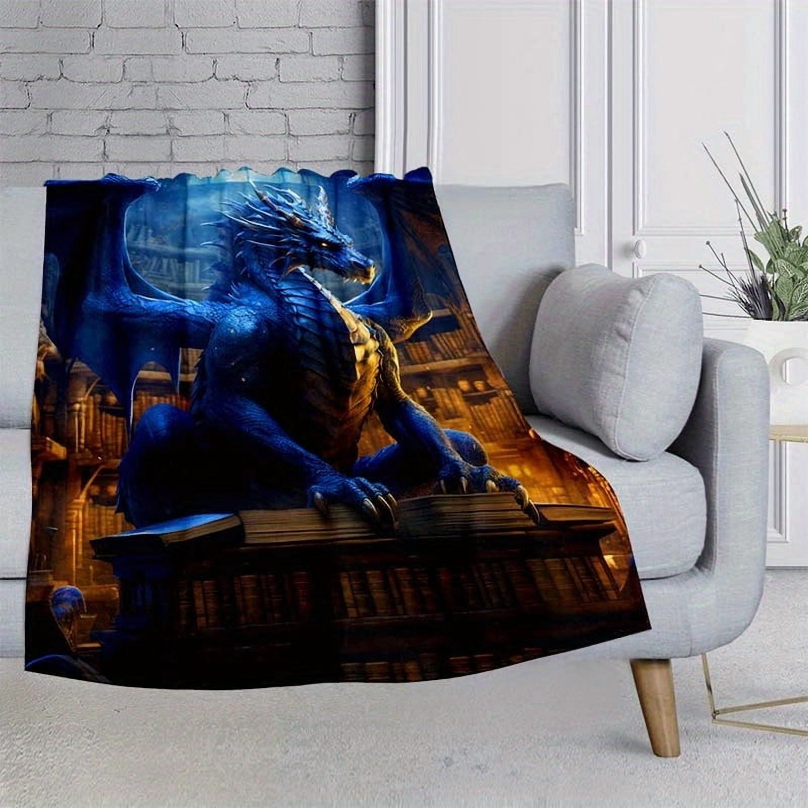 Blue Vintage Library Dragon Throw Blanket Soft Warm Lightweight Flannel ...