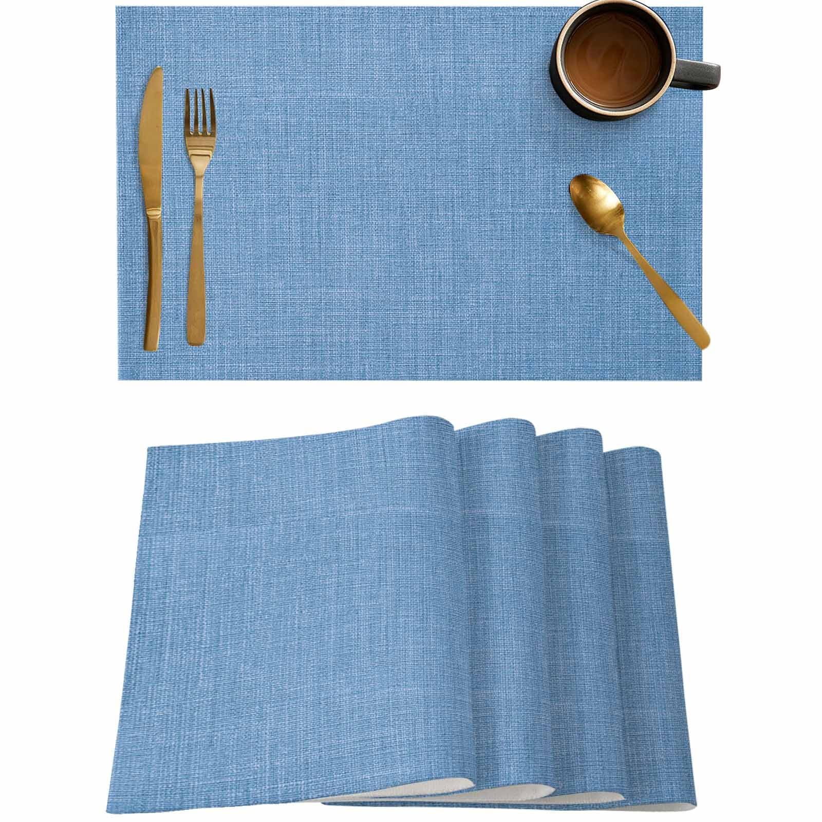 Blue Vintage Linen Placemats Set of 4,Wipeable Washable Table Mats for ...