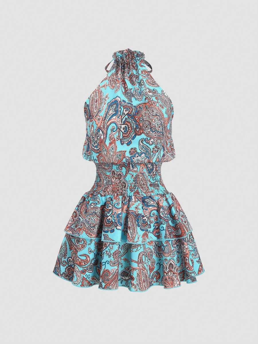 Blue Vintage Paisley Print Halter Neck Waist-Cinched Peplum Mini Dress ...
