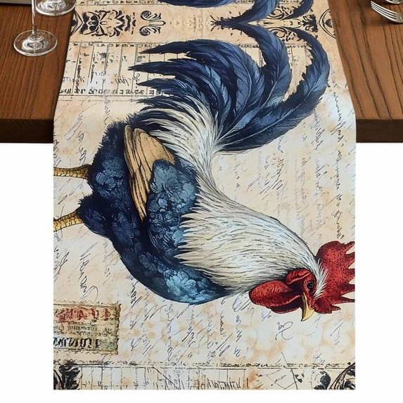 Blue Vintage Rooster 120 Inch Table Runner, Pastoral Elegant Animals ...