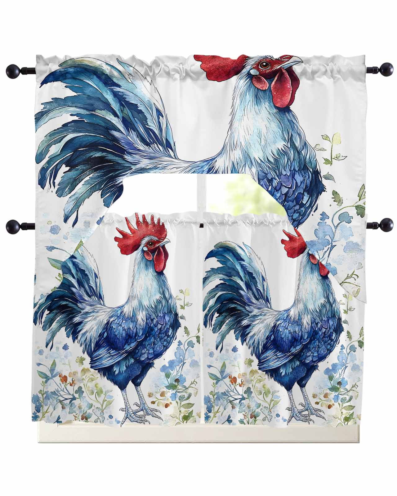 Blue Vintage Rooster Kitchen Curtains Sets 24 Inch Length with Valance ...