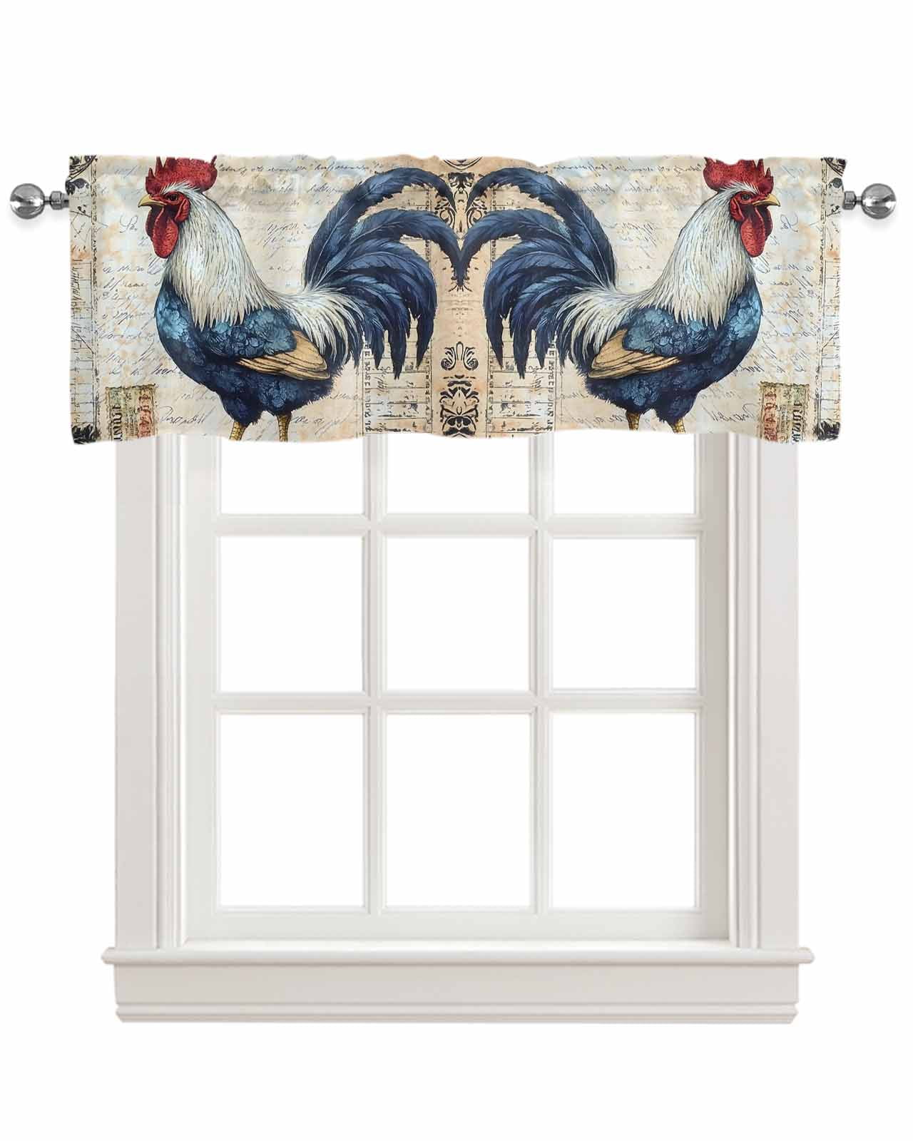 Blue Vintage Rooster Kitchen Valances for Windows Farmhouse Linen ...