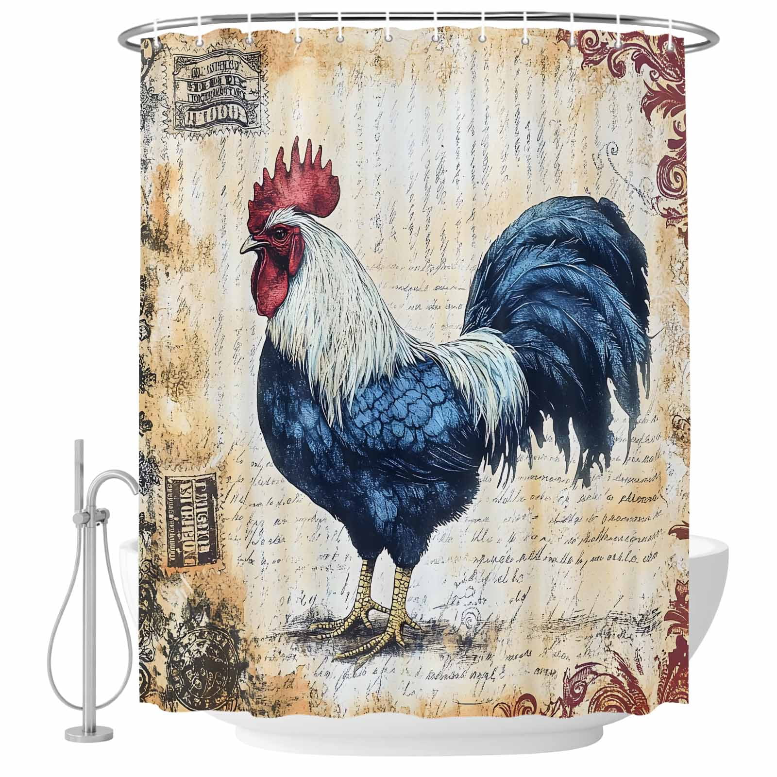 Blue Vintage Rooster Shower Curtain - Water Repellent Fabric Shower ...