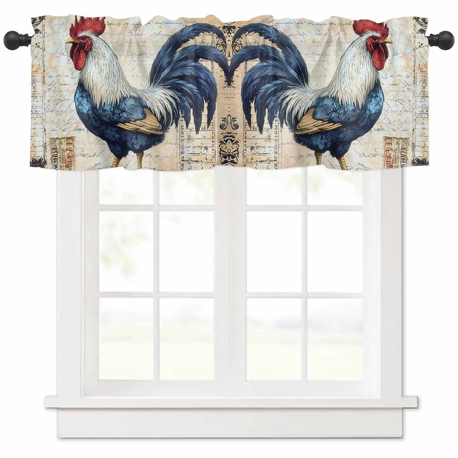 Blue Vintage Rooster Valances for Windows Farmhouse Kitchen Curtains ...