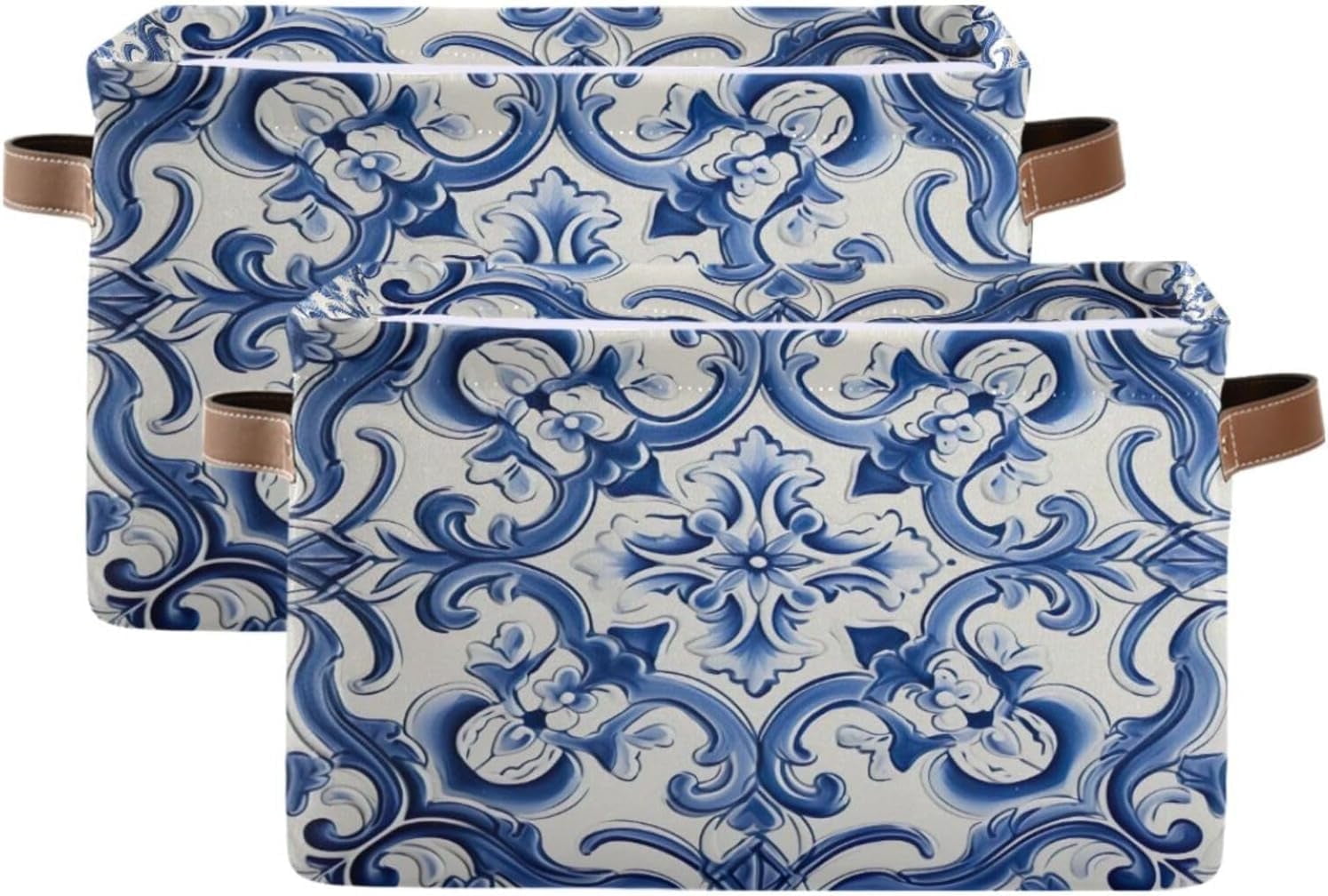 Blue Vintage Tiles Foldable Storage Basket for Shelves, Collapsible ...