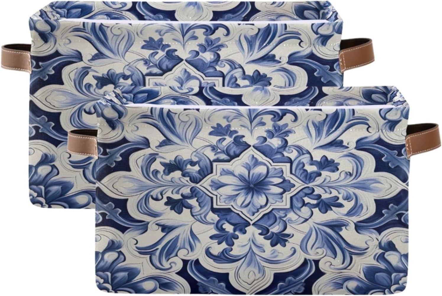 Blue Vintage Tiles Foldable Storage Basket for Shelves, Collapsible ...