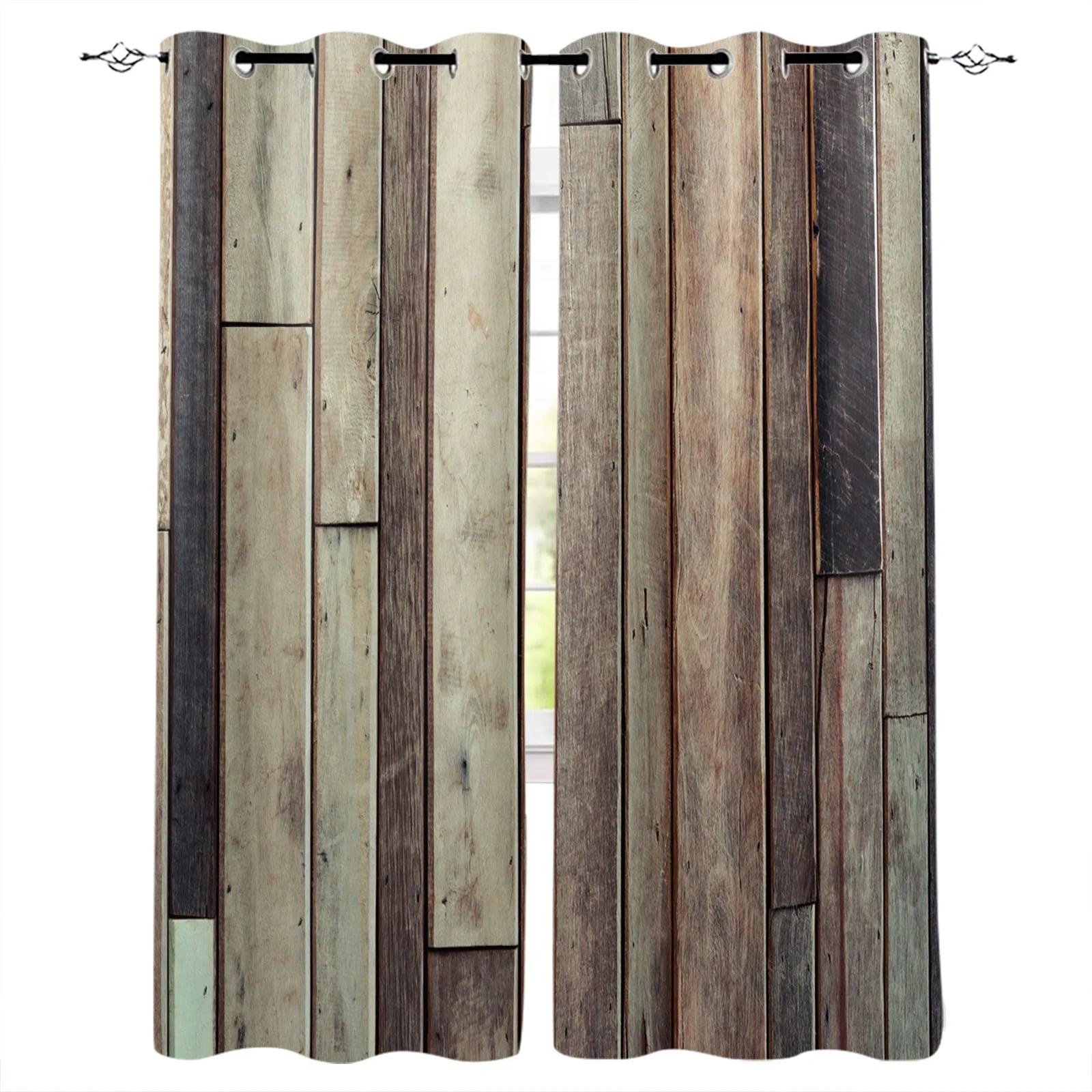 Blue Vintage Wood Grain Antique Rustic Window Curtains Living Room ...
