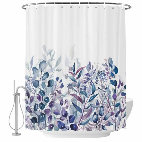 Blue and Violet Leaf Bathroom Shower Curtains with Hooks, Spring ...