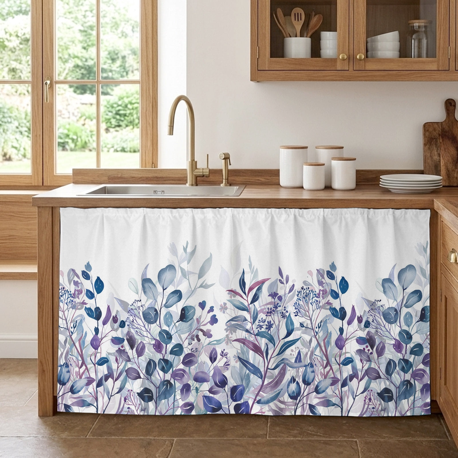 Blue and Violet Leaf Cabinet Curtains 32" W x 55" L Spring Eucalyptus ...
