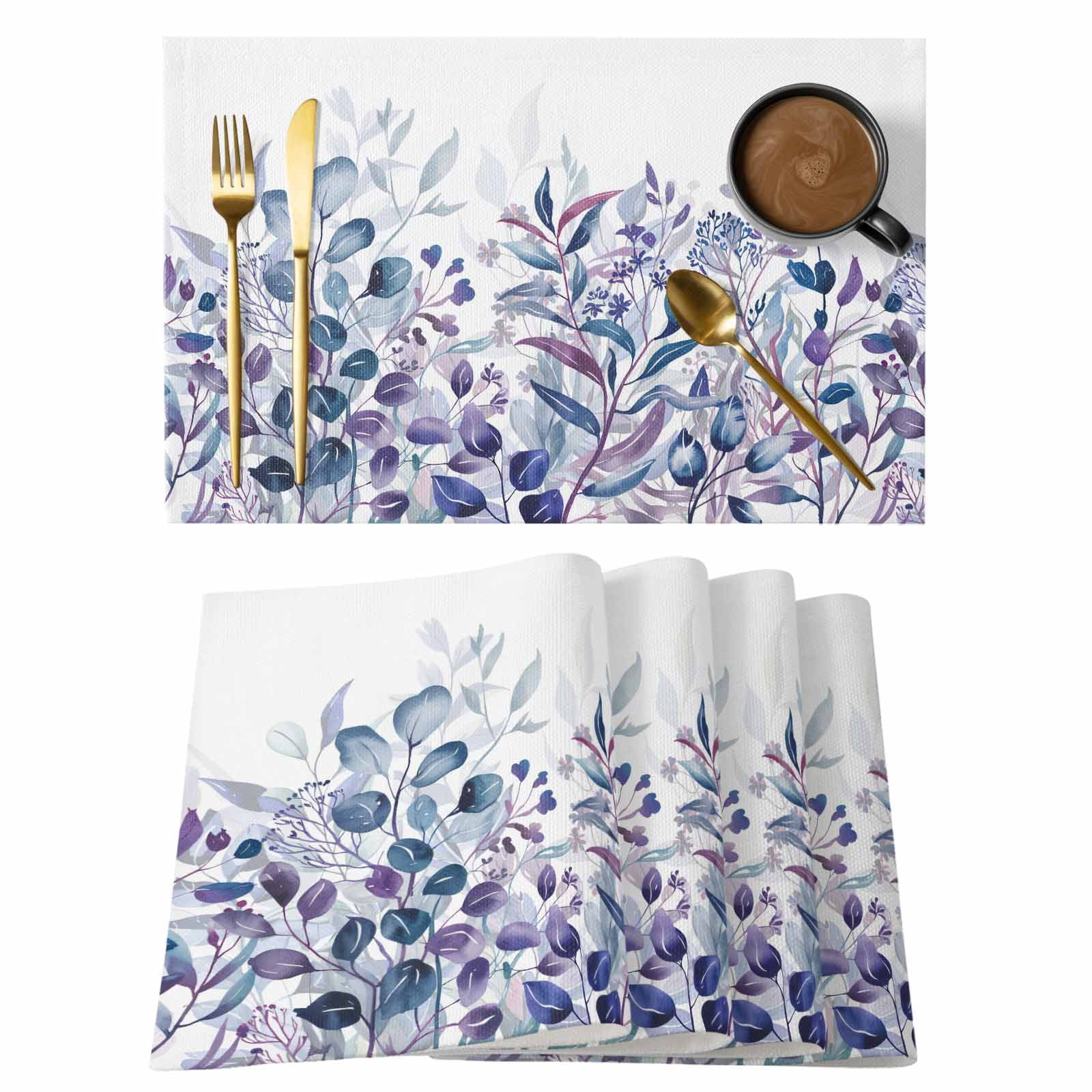 Blue and Violet Leaf Cotton Linen Placemats Set of 2, Spring Eucalyptus ...
