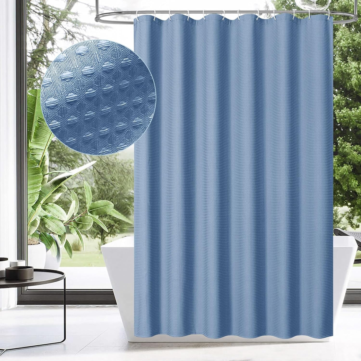 Blue Waffle Fabric Shower Curtain, Heavy Waffle Weave Textured Shower ...