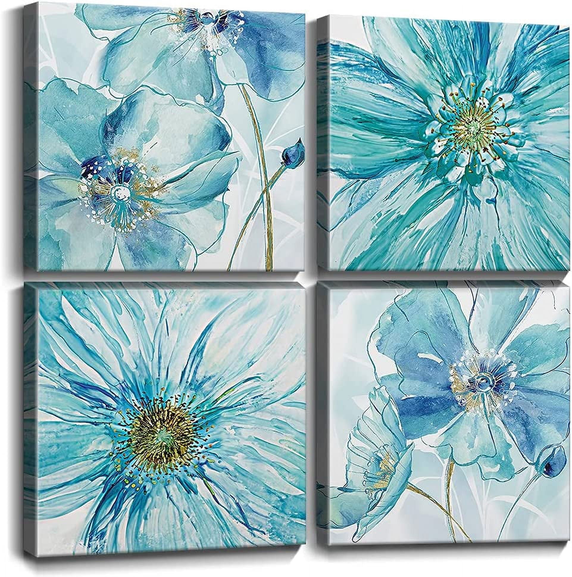 Blue Wall Art Abstract Teal Poppy Wall Decor 4Pcs Sets Watercolor ...