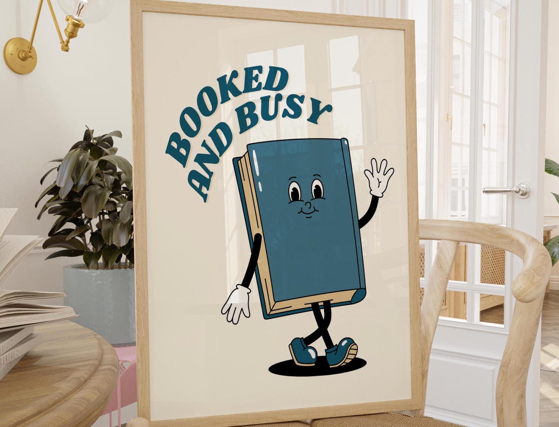 Blue Wall Art Booked And Busy Print Vintage Book Art Cute Reading ...