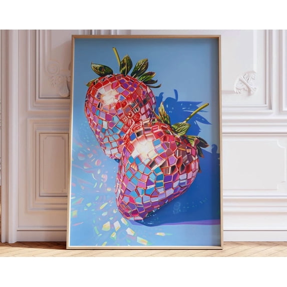 Blue Wall Art Dorm Print Strawberry Home Decor Wall Art Maximalist Wall ...