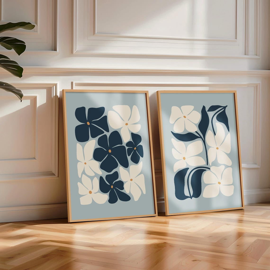 Blue Wall Art Flower Floral Abstract Flower Blue & White Retro Art Set ...