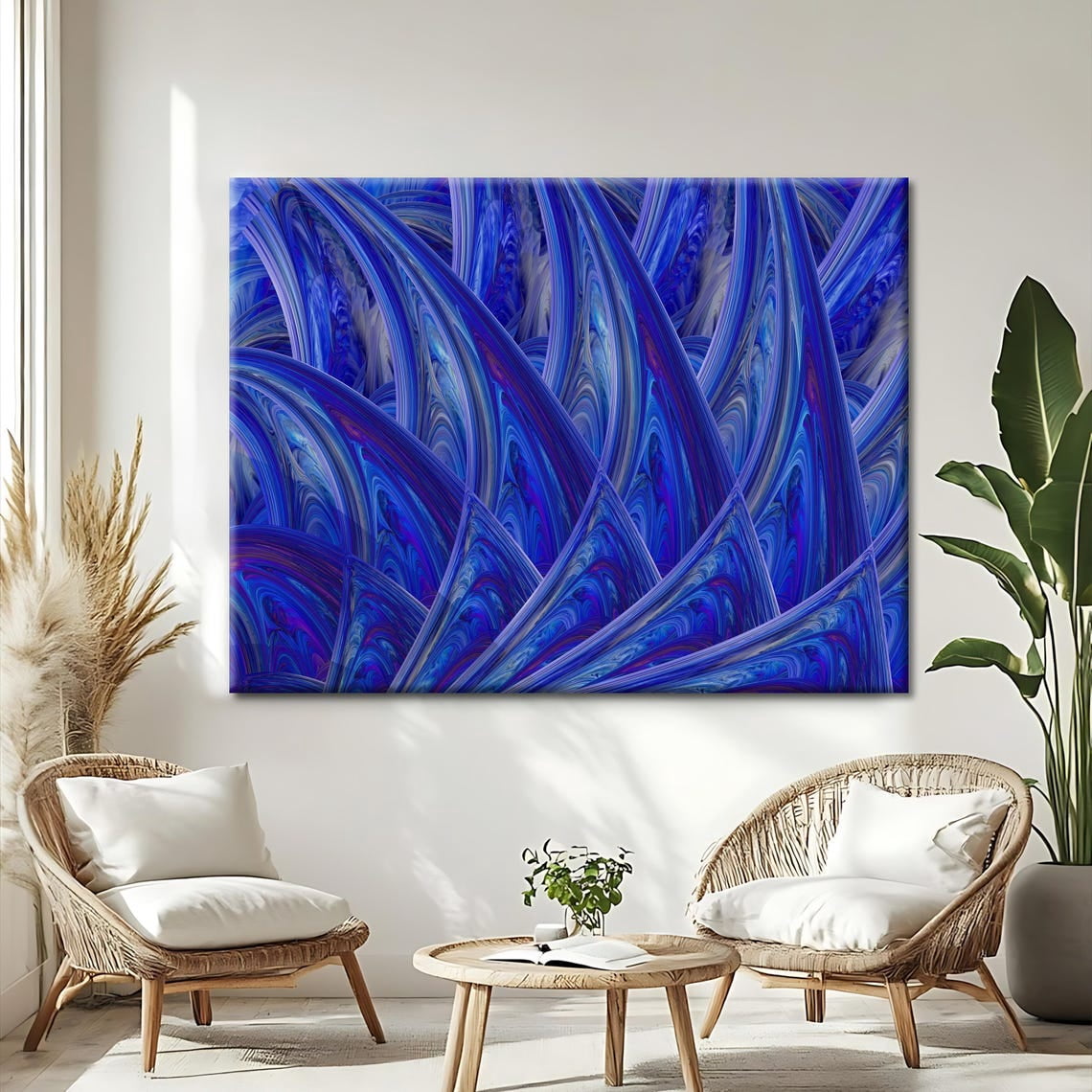 Blue Wall Art Modern Fractal Coastal Living Room Decor, Stretched ...