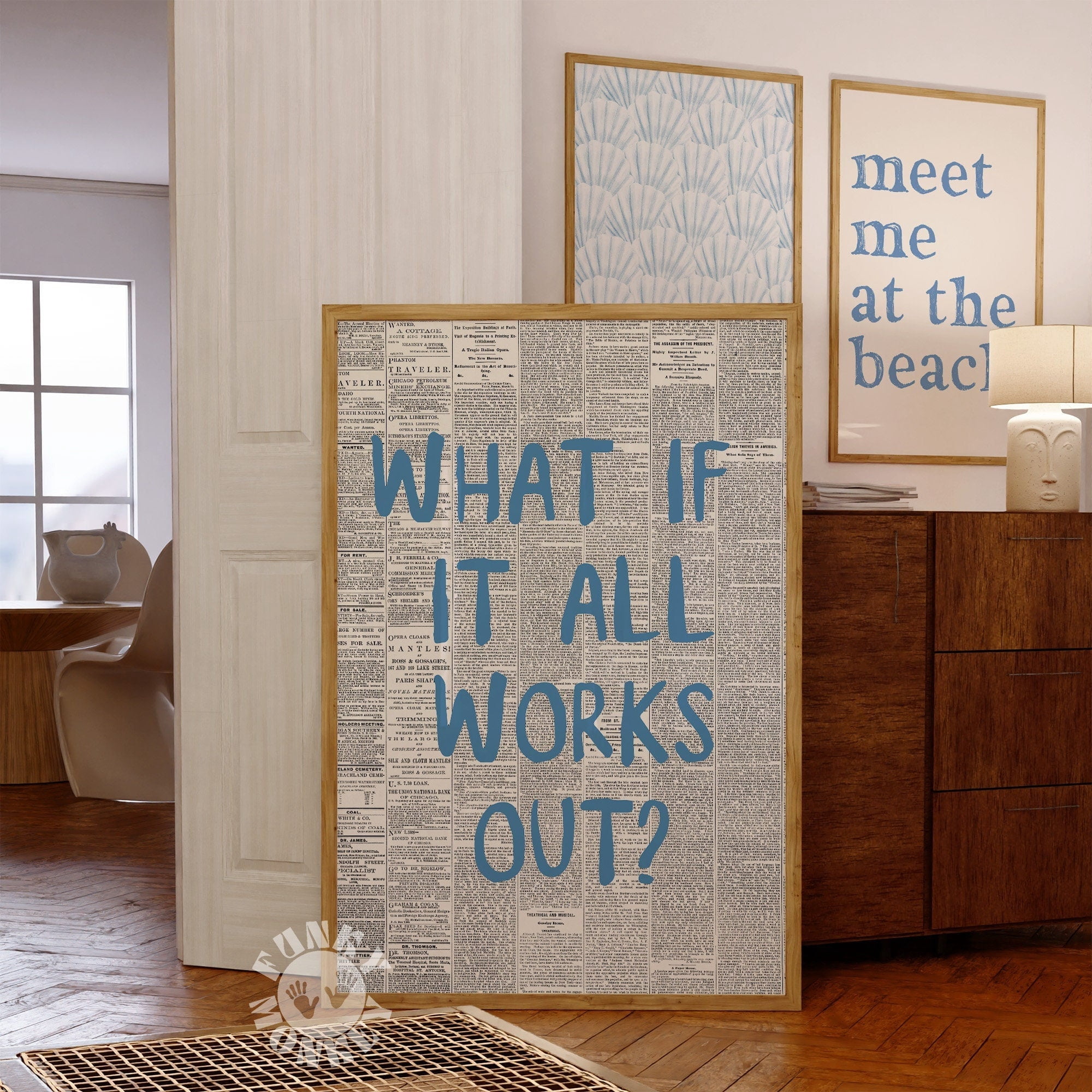 Blue Wall Art What If It All Works Out Retro Newspaper Print Trendy ...