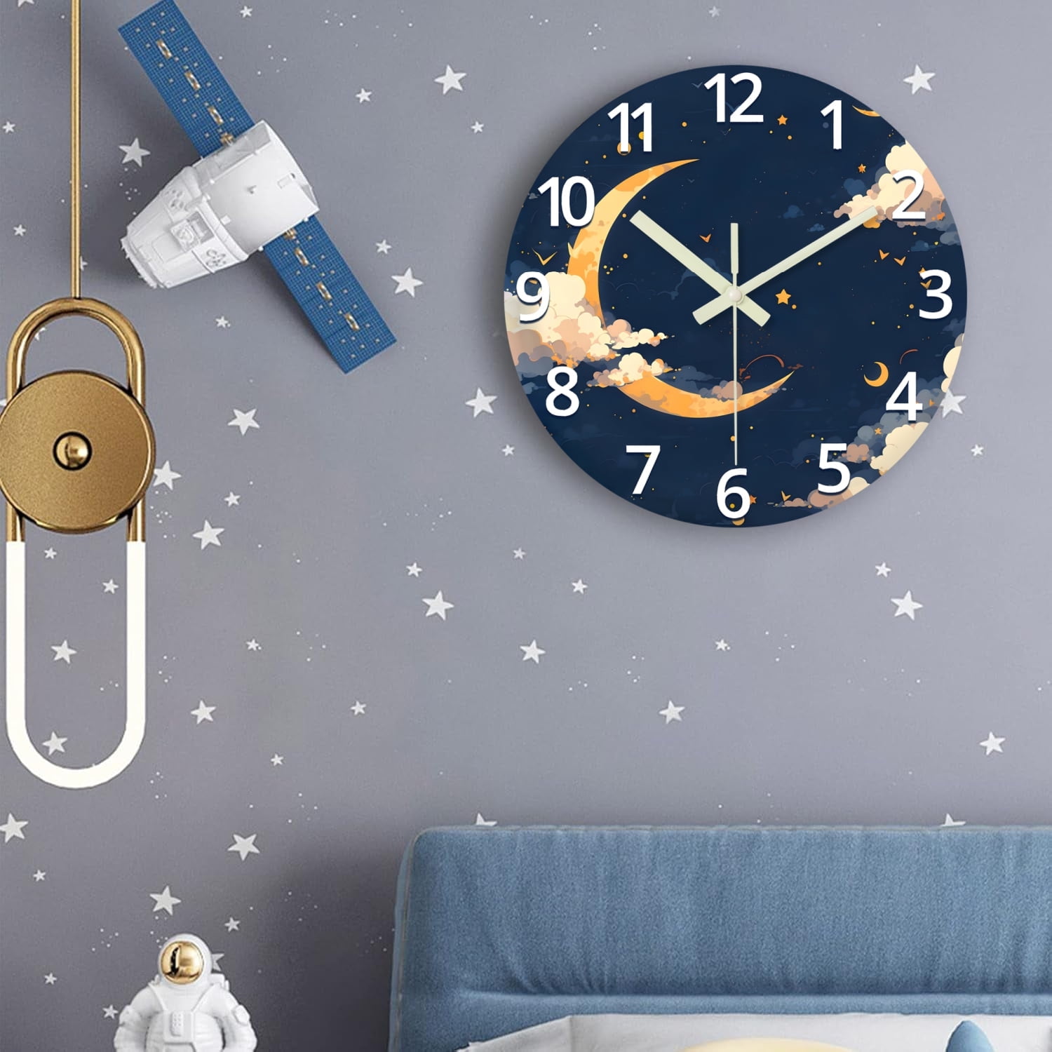 Blue Wall Clocks Battery Operated 14 Inch Moon Clock for Classroom - Glow in the Dark Wall Clock ...