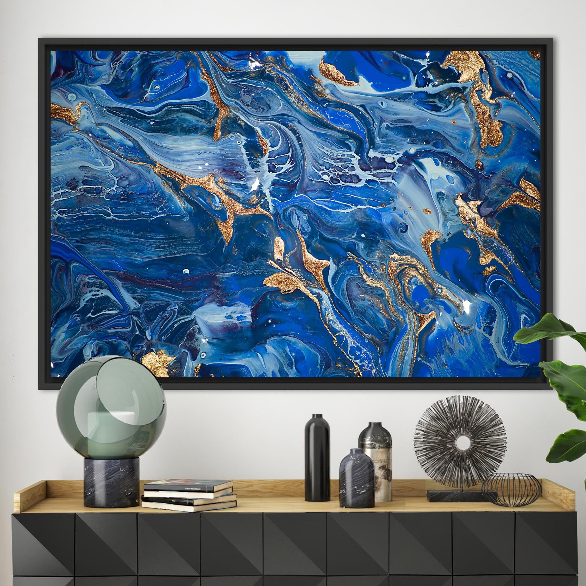 Blue Wall Decor, Modern Printed Canvas, Shimmery Wall Art, Navy Blue ...