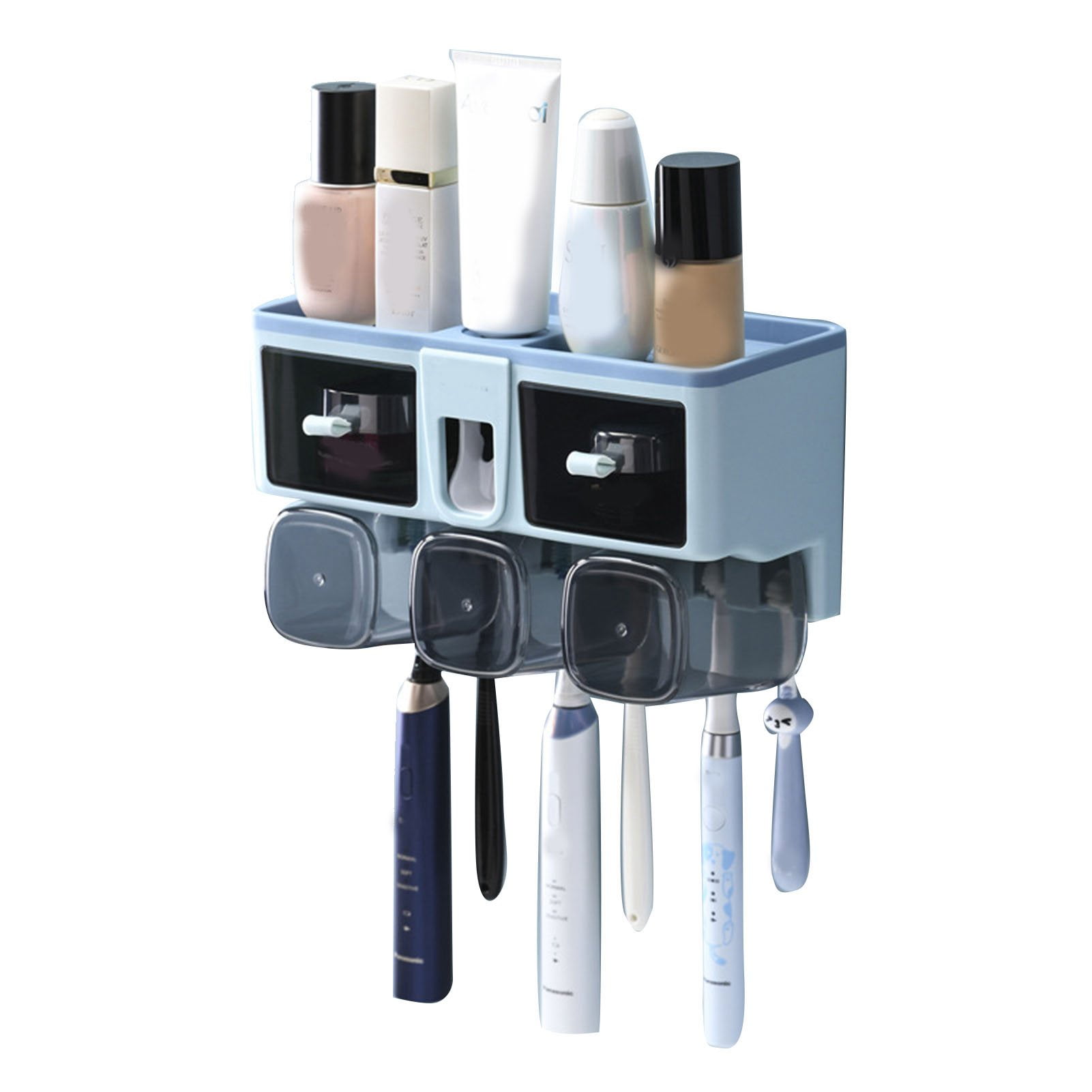 Blue Wall-Mounted Toothbrush Shelf with 3 Cup Holders and Mouthwash ...