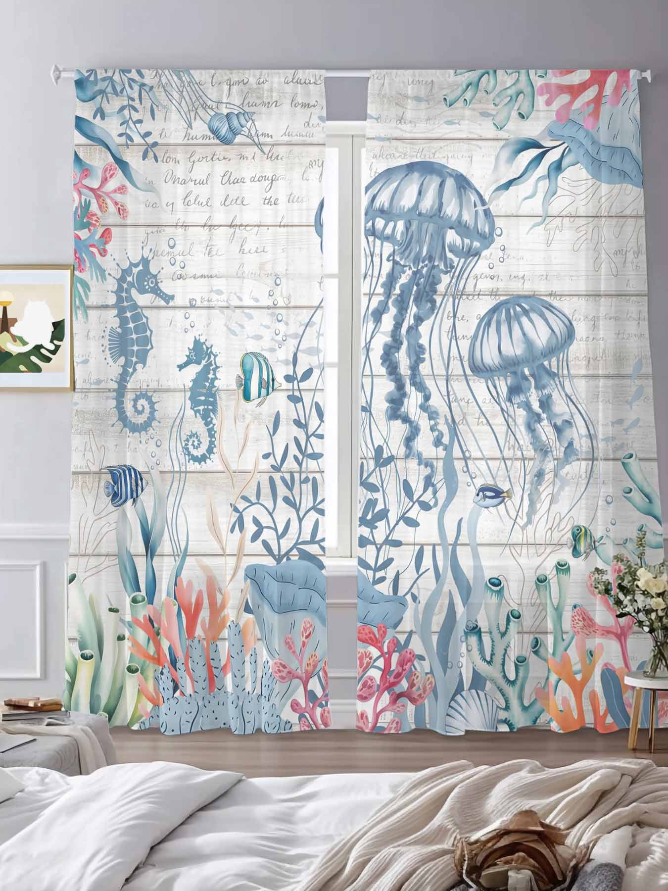 Blue Walrus Watercolor Coral Small Fish Sheer Curtains 2 Panels Set ...