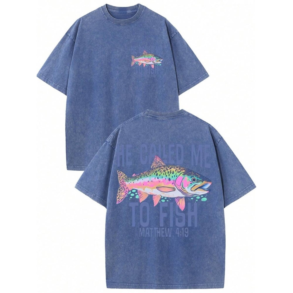 Blue Washed Cotton Distressed Oversized T-Shirt, He Called Me To Fish ...