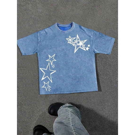 Blue Washed Cotton Star Graphic Tee, Oversized Loose Crew Neck Short ...