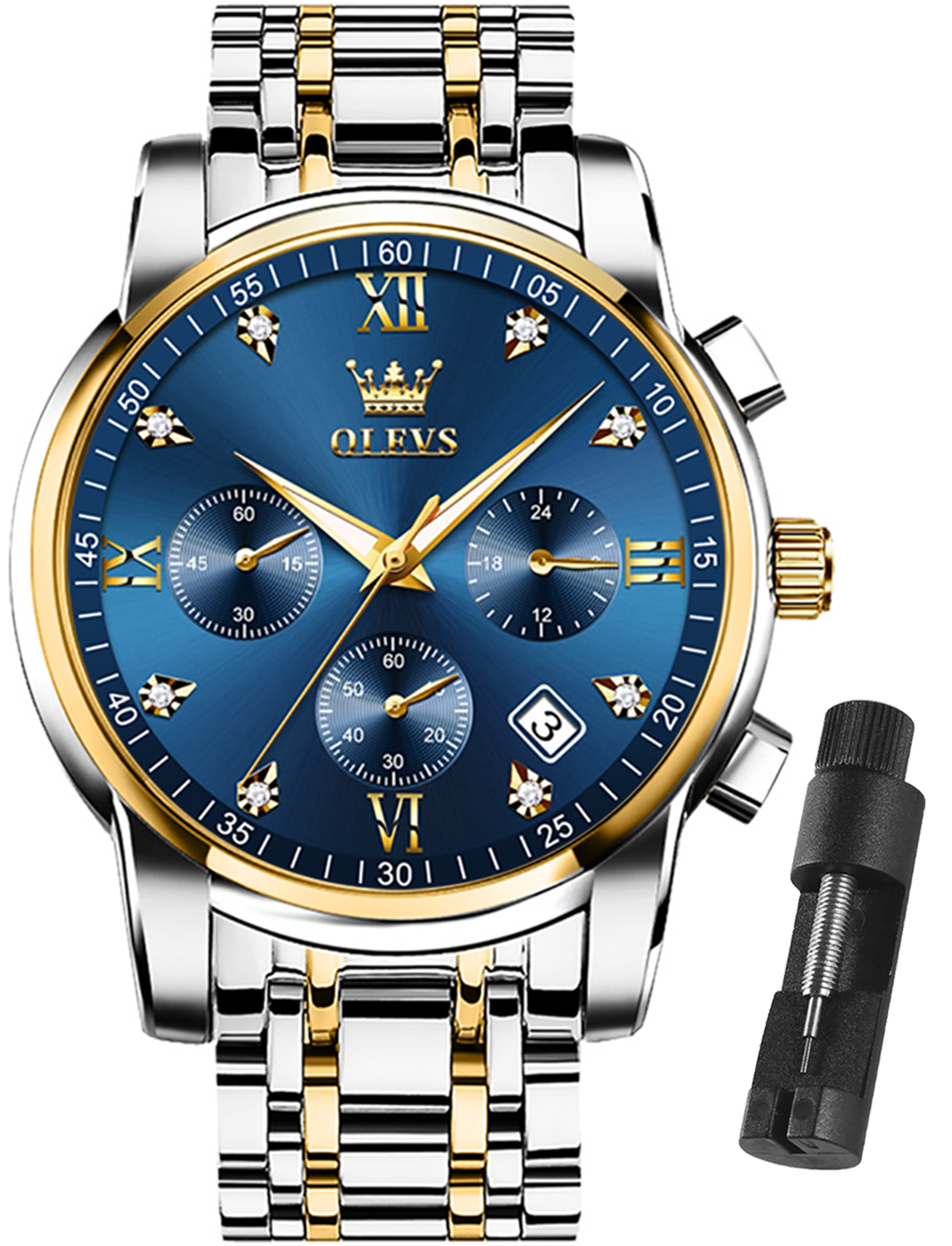 OLEVS Watch for Men Blue Watches for Men Gold and Silver Stainless ...