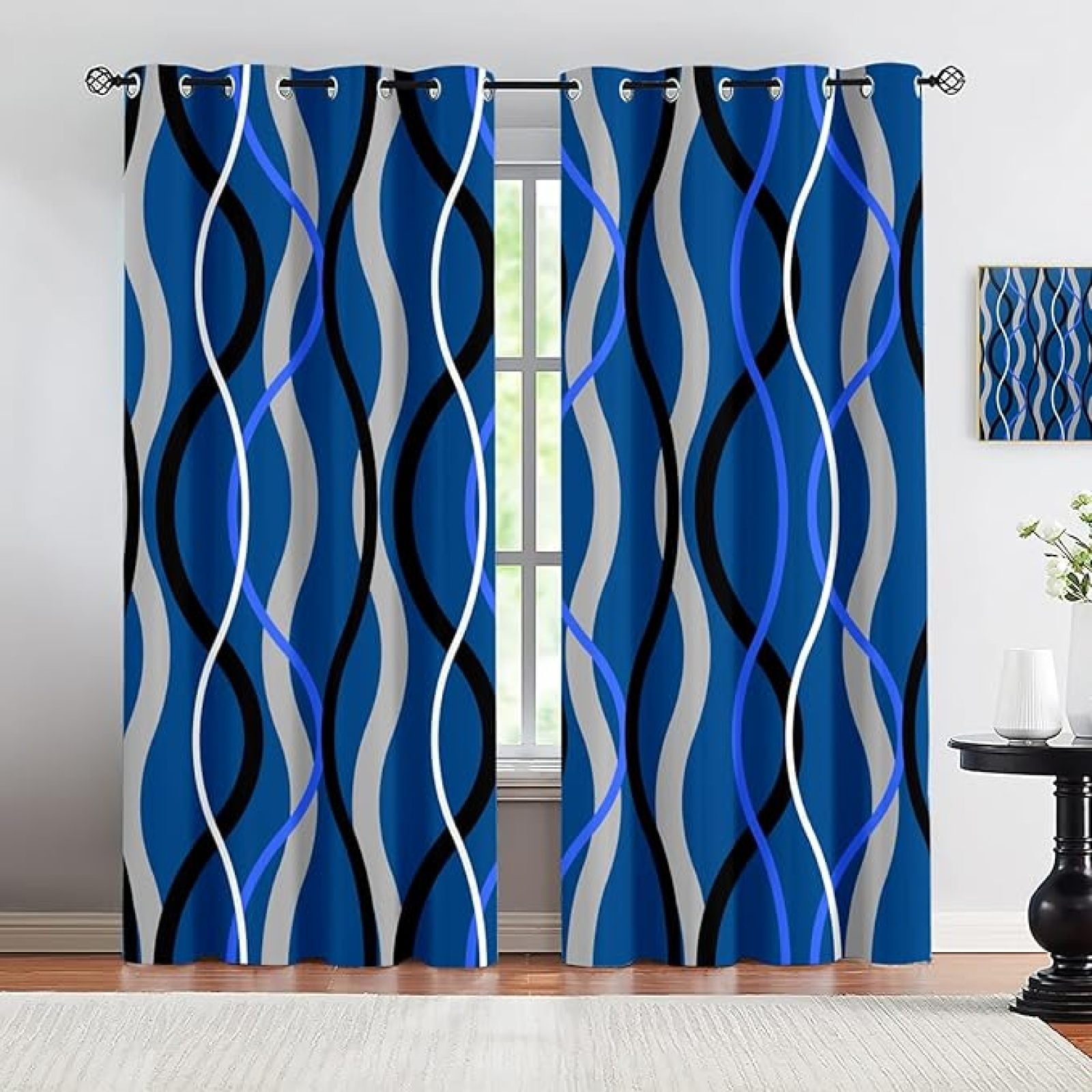 Blue Water Blackout Curtains, Abstract Geometric Lines Window ...