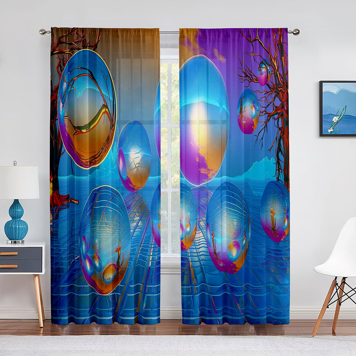 Blue Water Drop Bubbles Sheer Voile Curtains for Bedroom Living Room ...