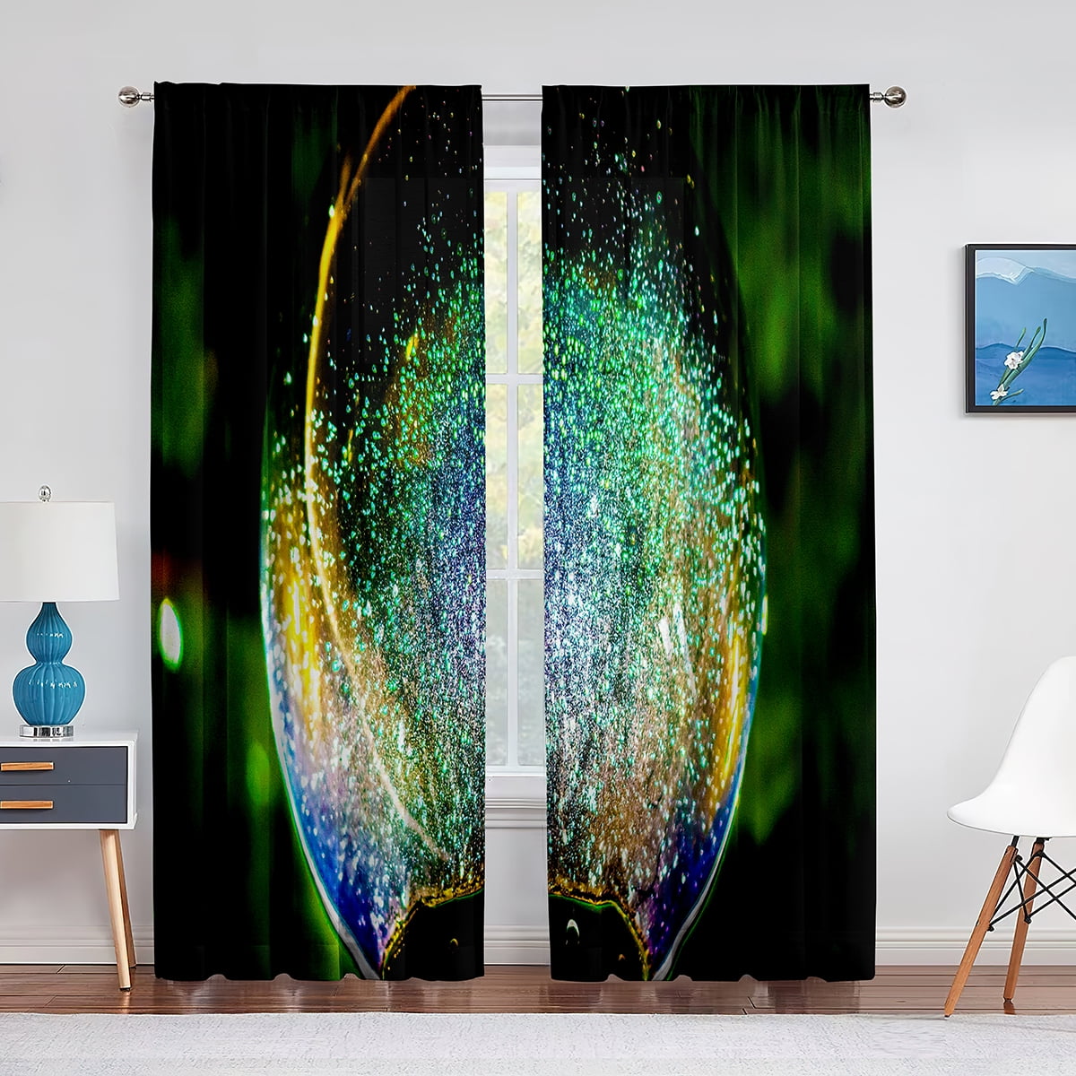 Blue Water Drop Bubbles Sheer Voile Curtains for Bedroom Living Room ...