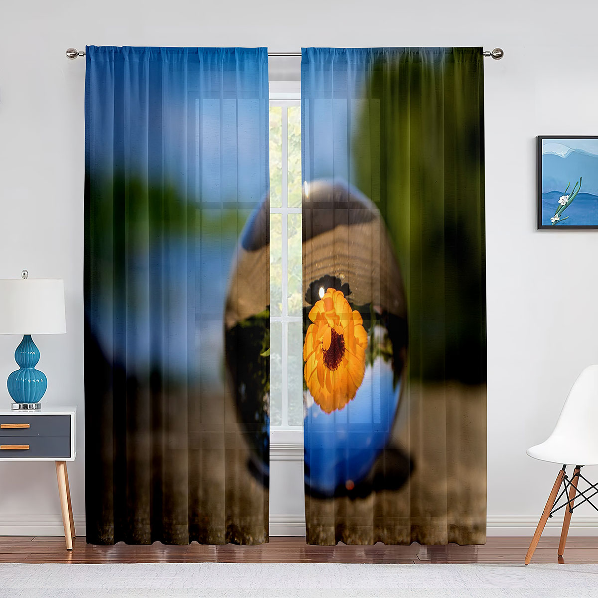 Blue Water Drop Bubbles Sheer Voile Curtains for Bedroom Living Room ...