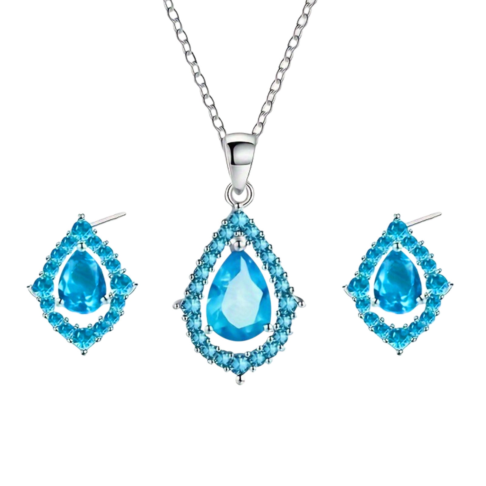 Blue Water Drop Crystal Necklace and Earrings Set Alloy Rhinestone ...