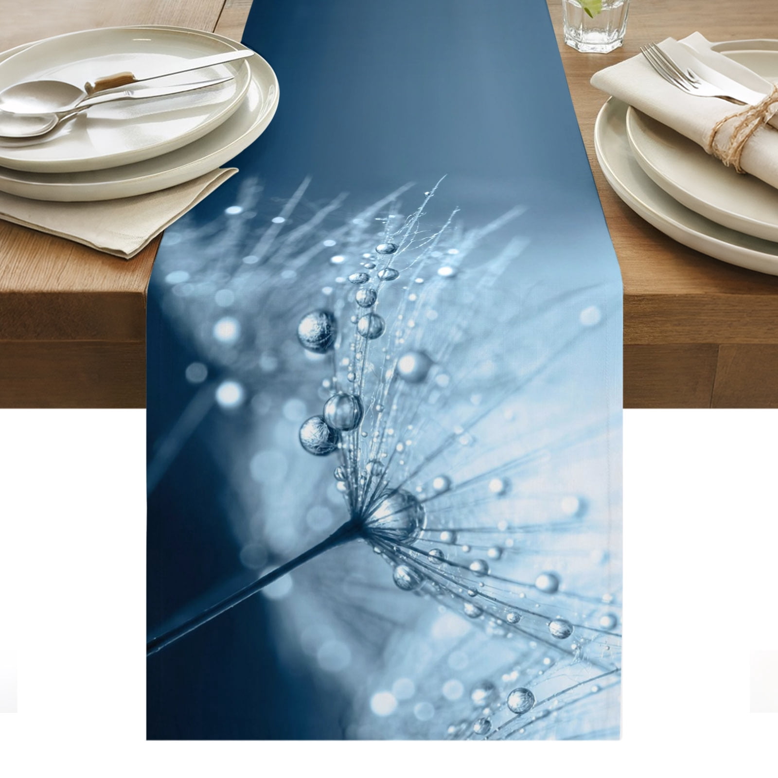 Blue Water Drops Dandelion Table Runner Modern Abstract Art Flowers ...