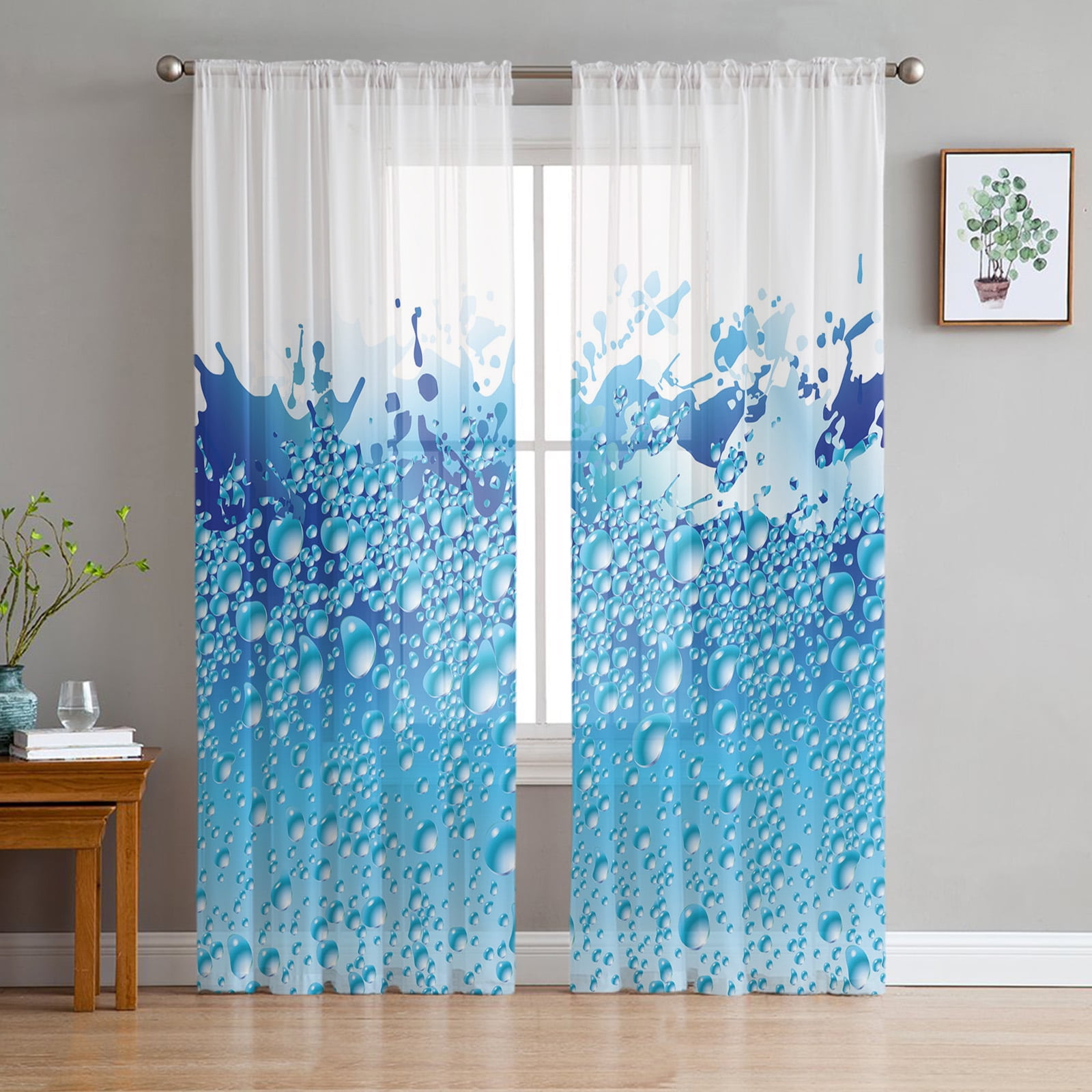 Blue Water Drops Sheer Curtain for Living Room Voile for Window Blinds ...
