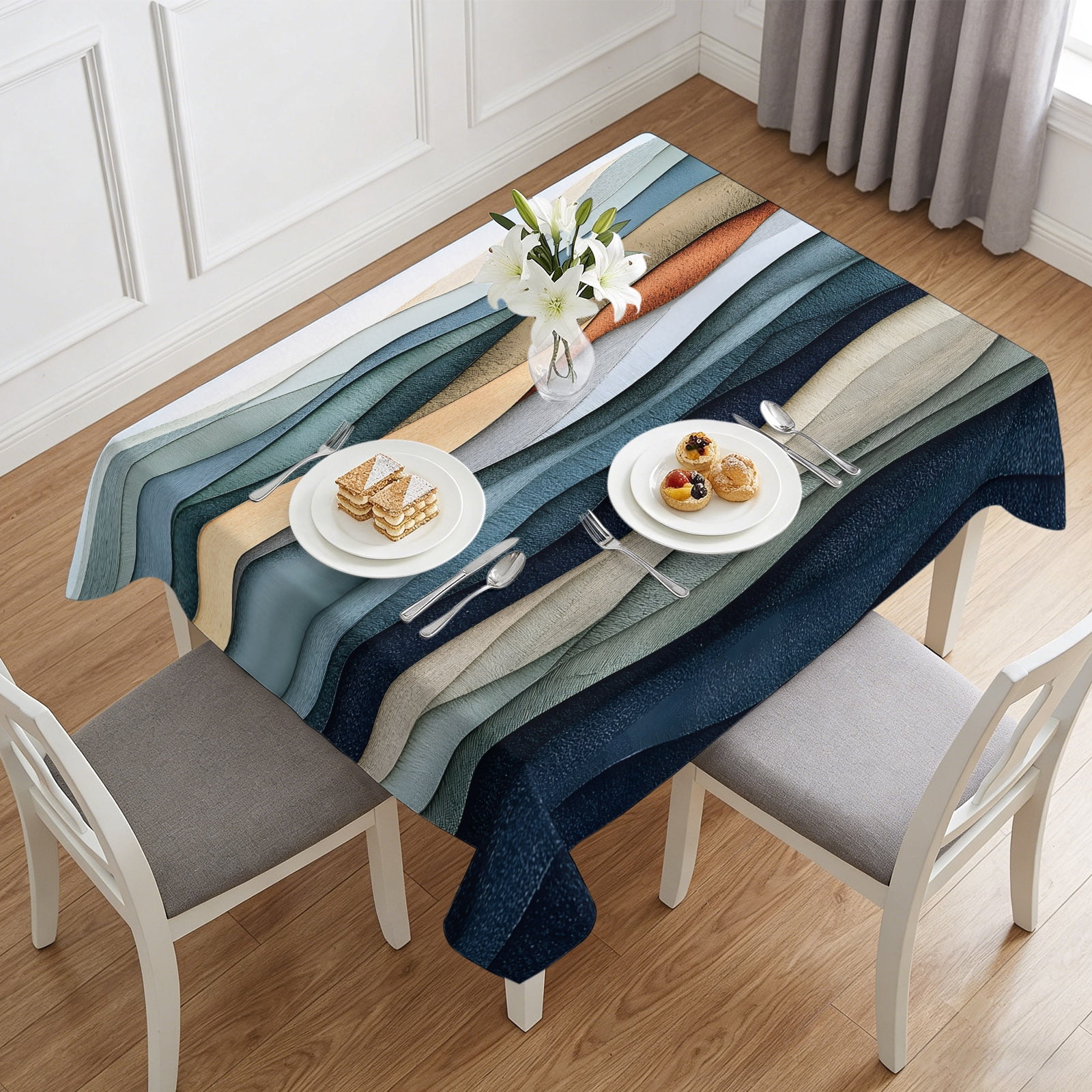 Blue Water Ripple Abstract Geometric Table Cloth 60x84in, Waterproof ...