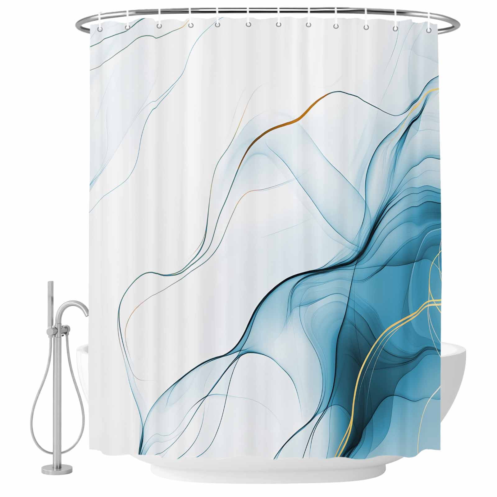 Blue Water Ripple Bathroom Shower Curtains with Hooks, Vintage Abstract ...