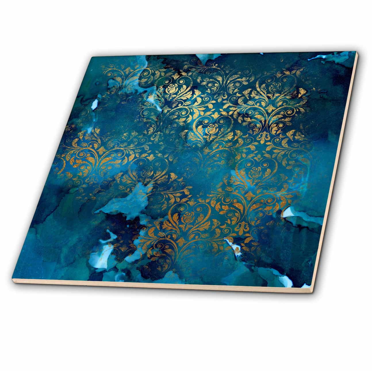 3dRose, Blue Watercolor Abstract With A Faux Gold Damask Overlay, 12 ...