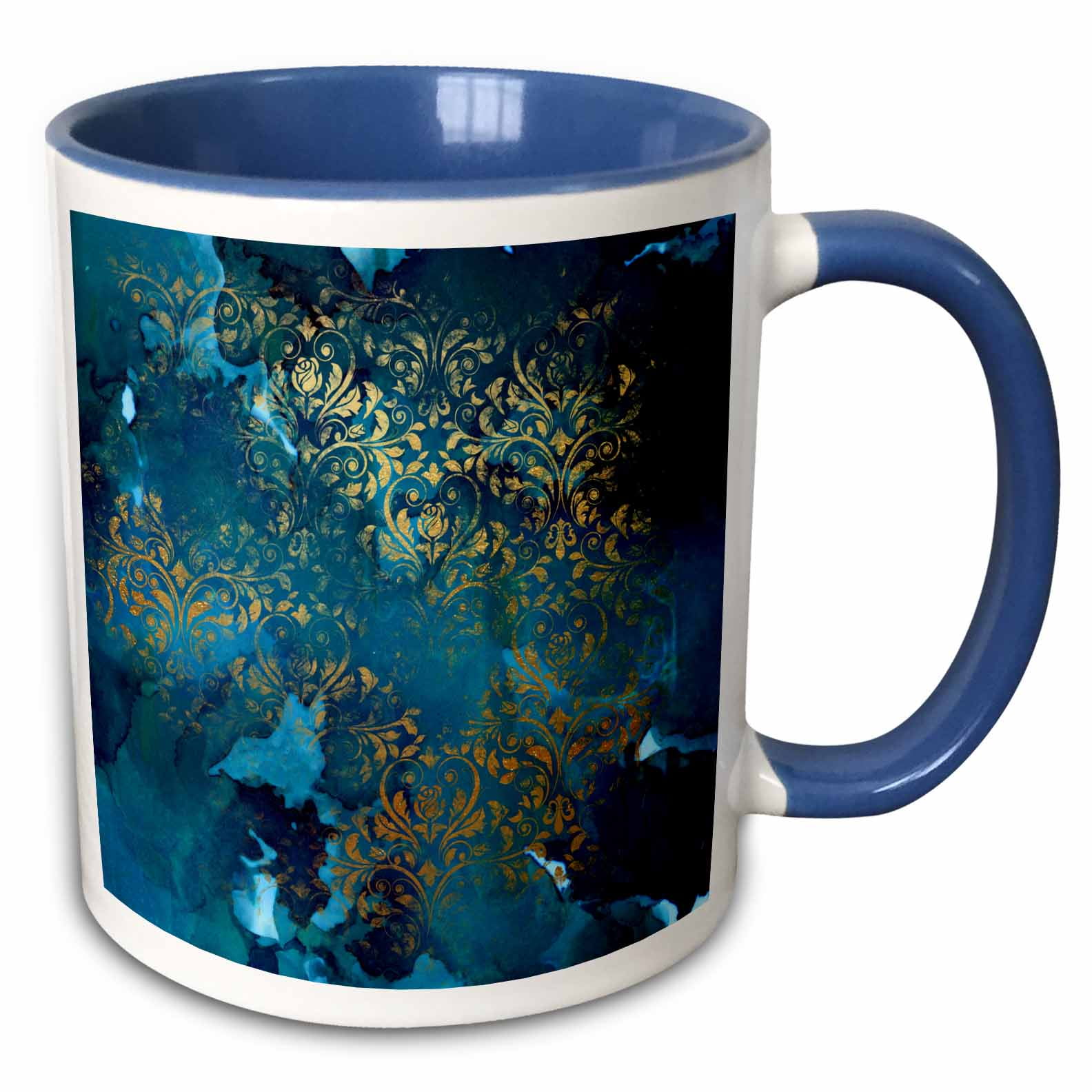 3drose, Blue Watercolor Abstract with a Faux Gold Damask Overlay, 15oz ...