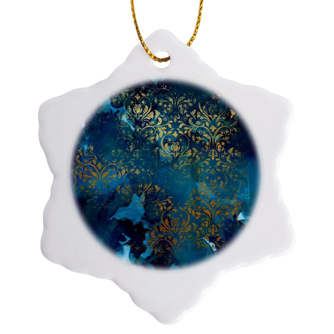 3drose, Blue Watercolor Abstract with a Faux Gold Damask Overlay, 3 ...
