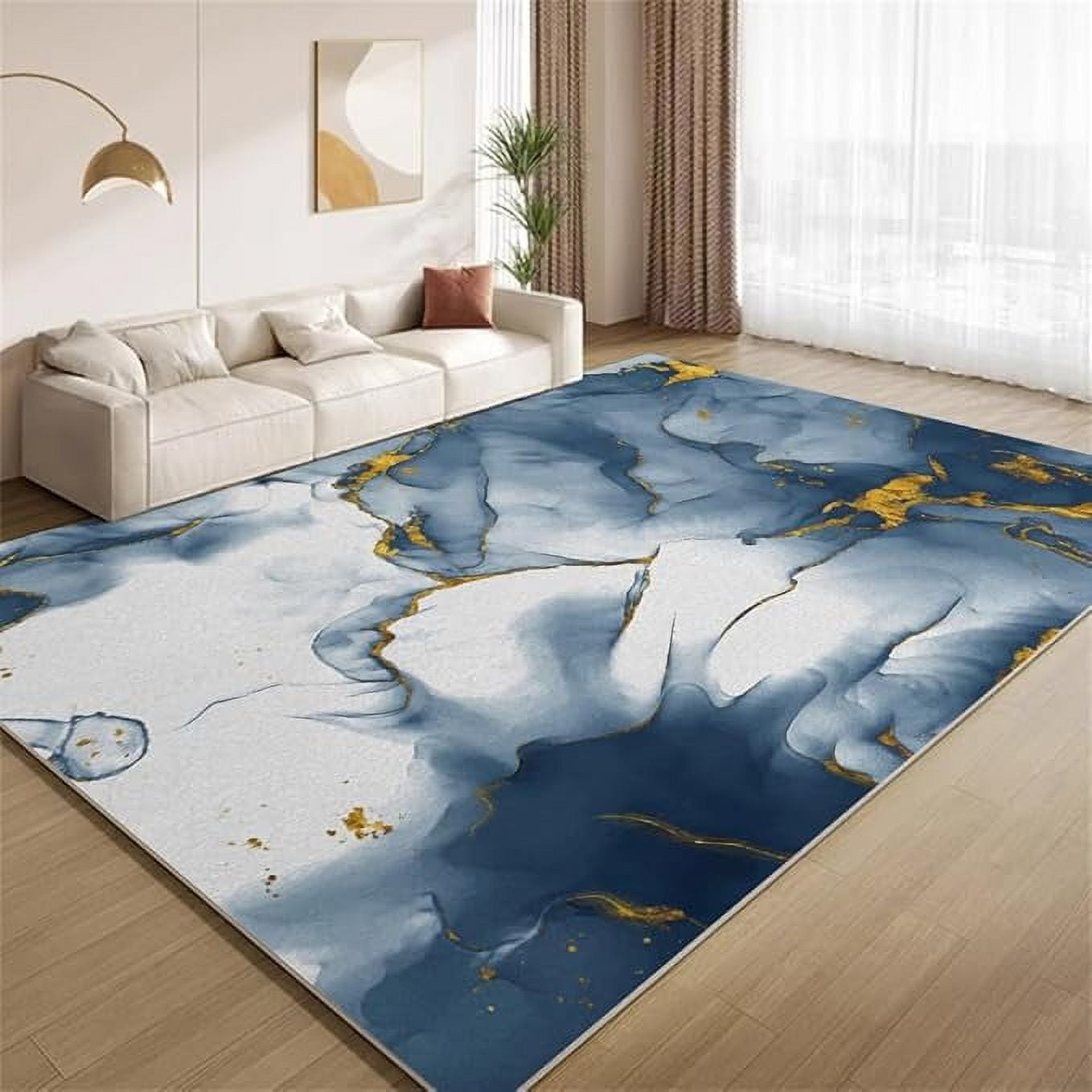 Blue Watercolor Aesthetic Art Area Rug, Gold Stripes Modern Luxury Rug ...