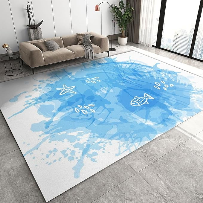 Blue Watercolor Area Rug, Cartoon Cute Fish Children's Room Rug, Floor ...