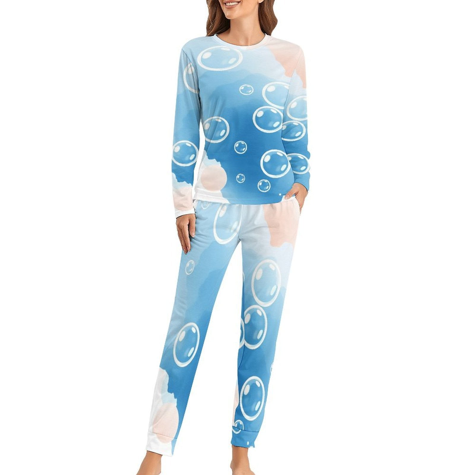 Blue Watercolor Bubbles Pajamas Woman Nightwear Long Sleeve Two Piece ...