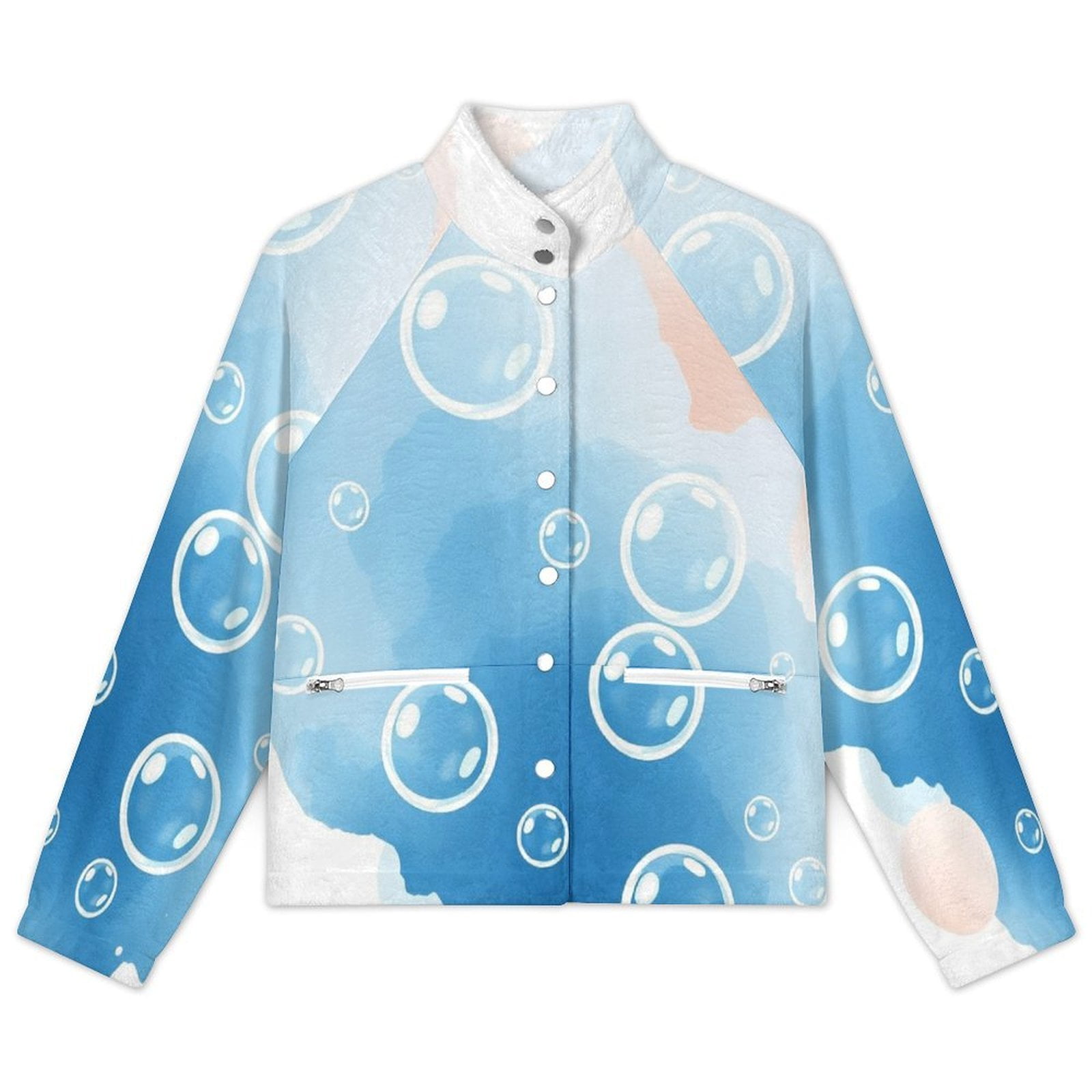 Blue Watercolor Bubbles Warm Women's Plush Jacket Stand Collar Full ...