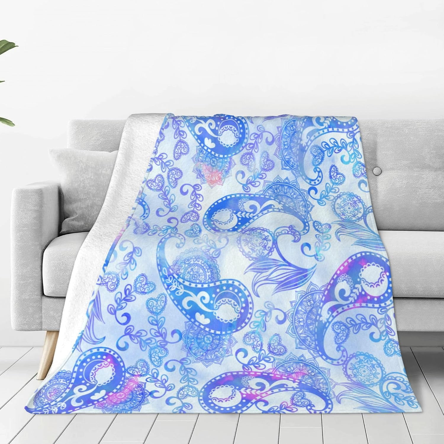 Blue Watercolor Cashew Flower Blanket for Girls Boys Throw Bedding Room ...