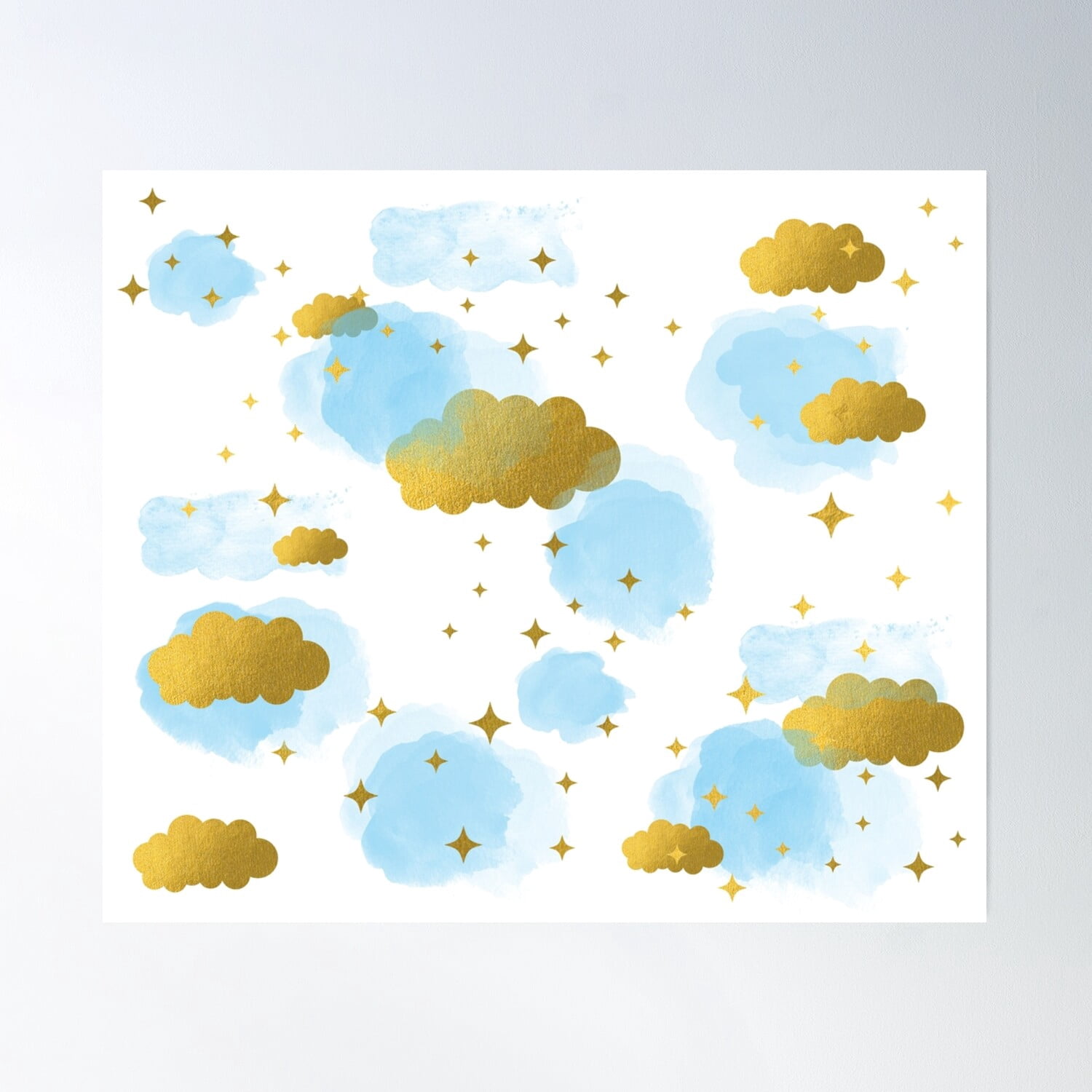 Blue Watercolor Clouds Gold Stars Sky Poster Wall Art, Modern Wall ...