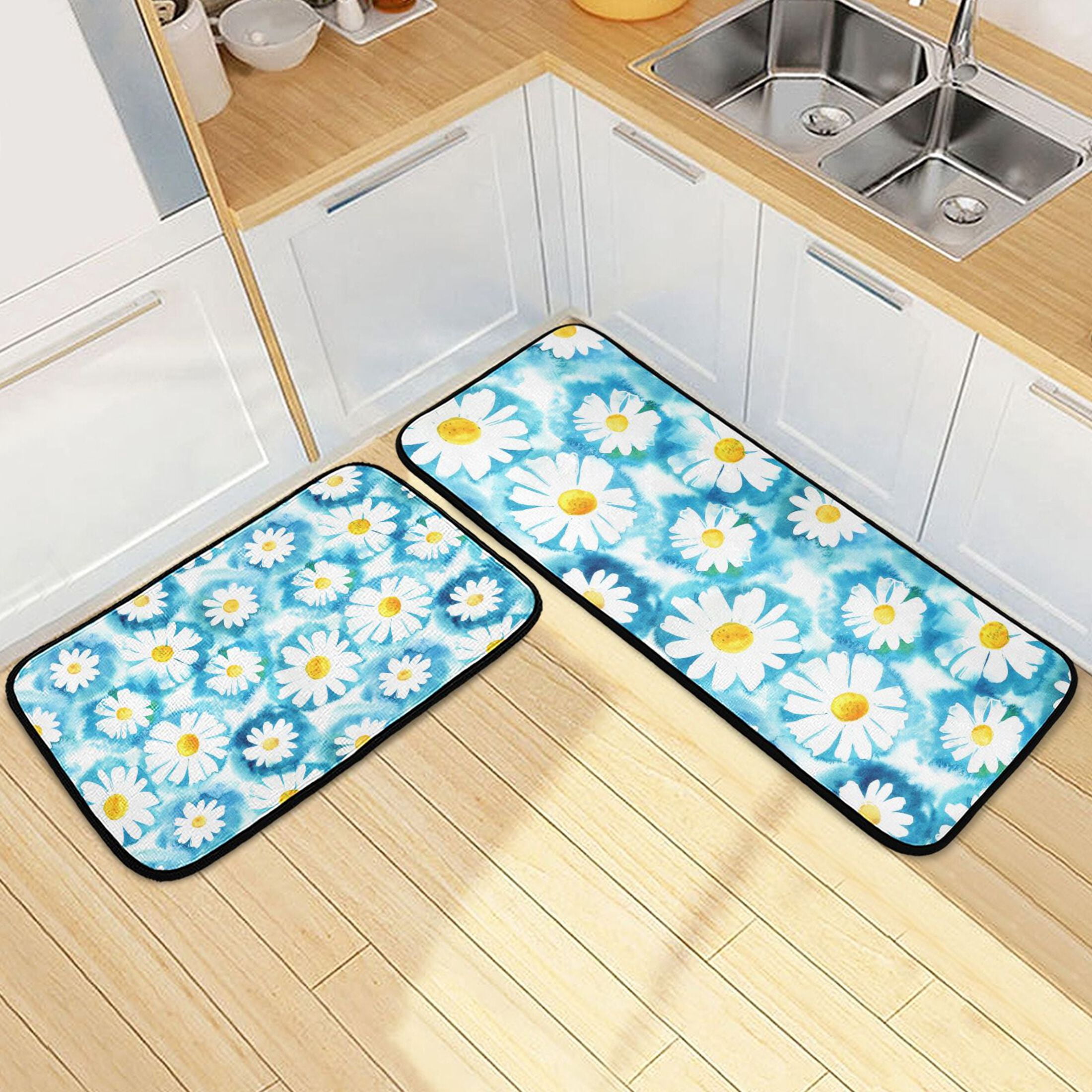 Blue with Watercolor Daisies Kitchen Mats Set 2 Piece Non Slip Floor ...